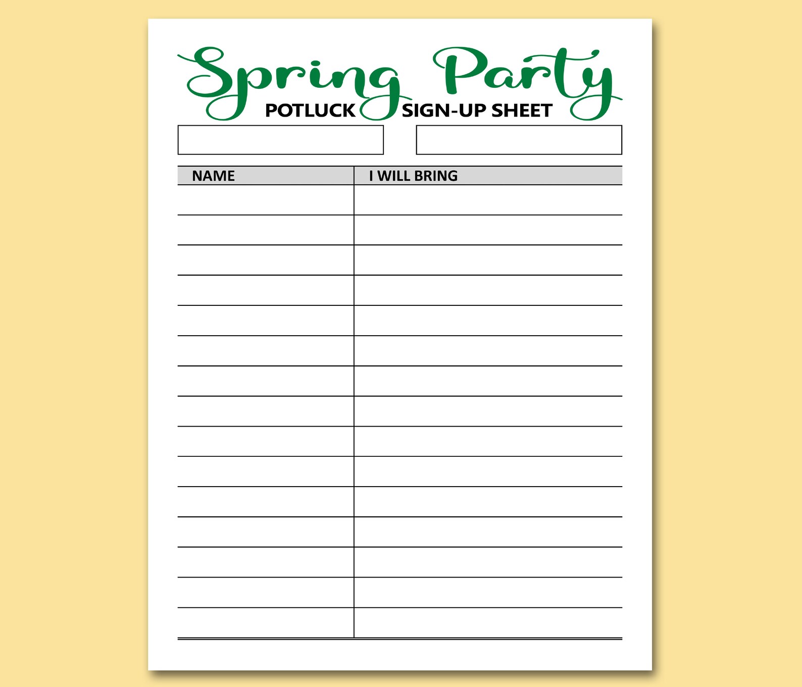Spring Party Potluck Sign up Sheet Printable, Signup Form for Potluck ...