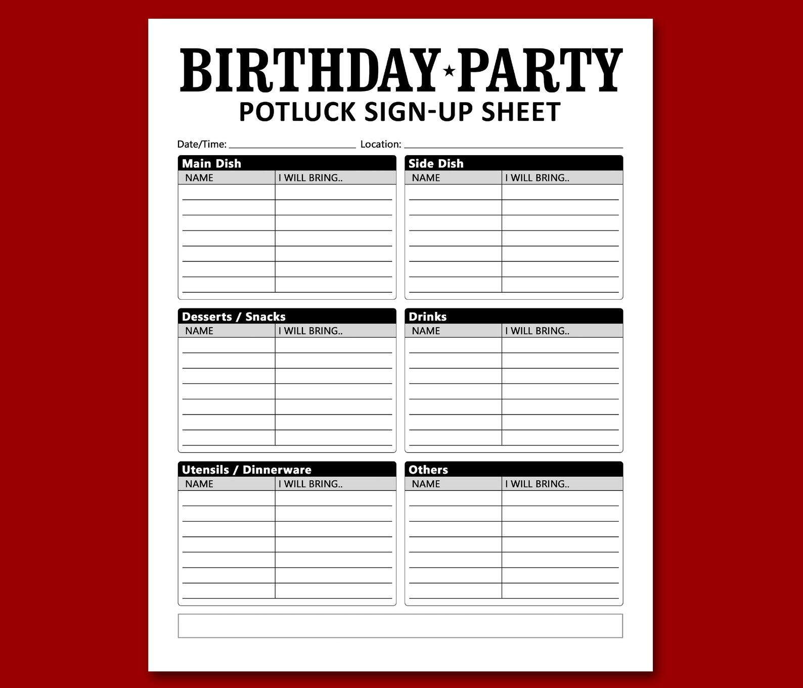 Birthday Potluck Sign up Sheet Printable Template Brunch - Etsy