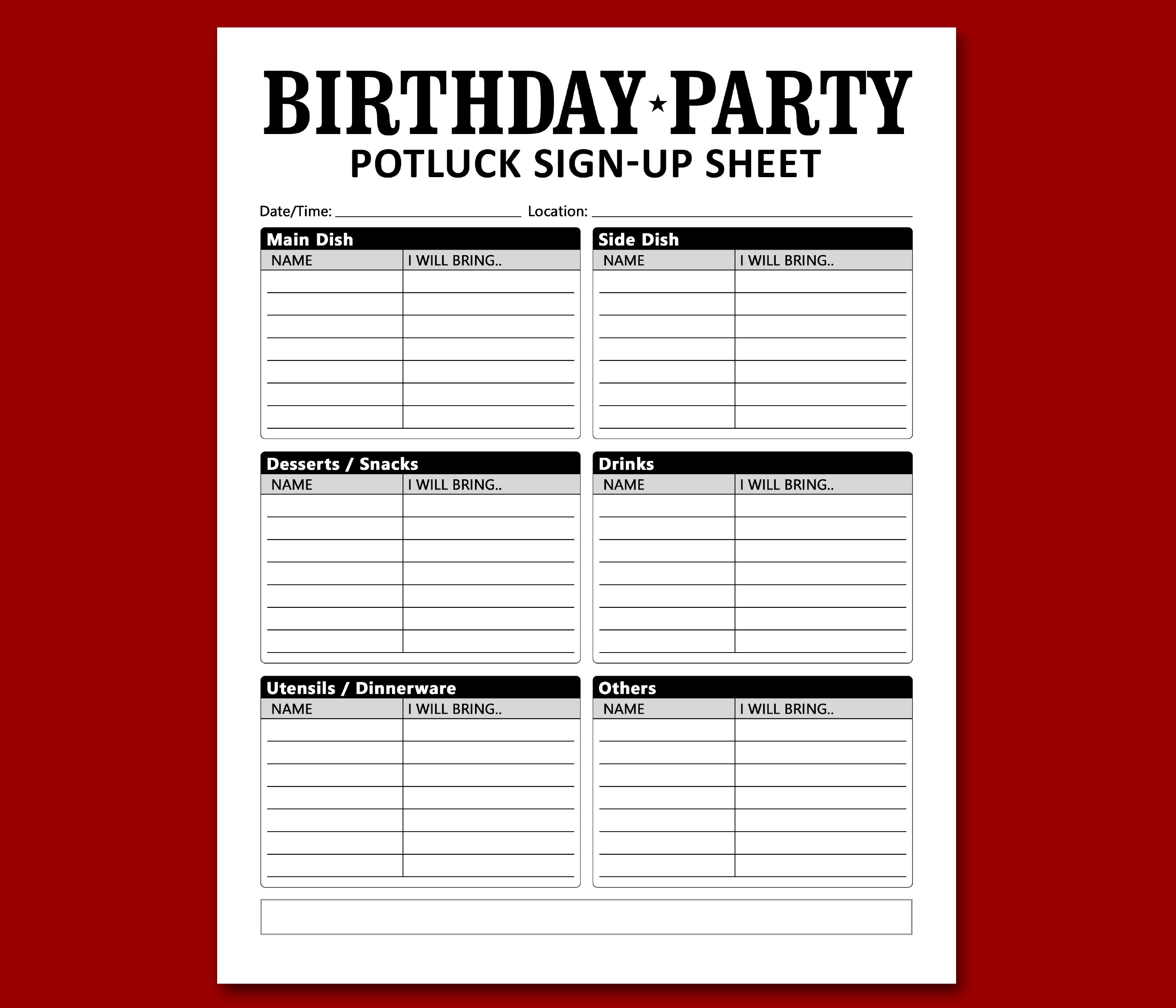 Birthday Potluck Sign up Sheet Printable Template Brunch - Etsy