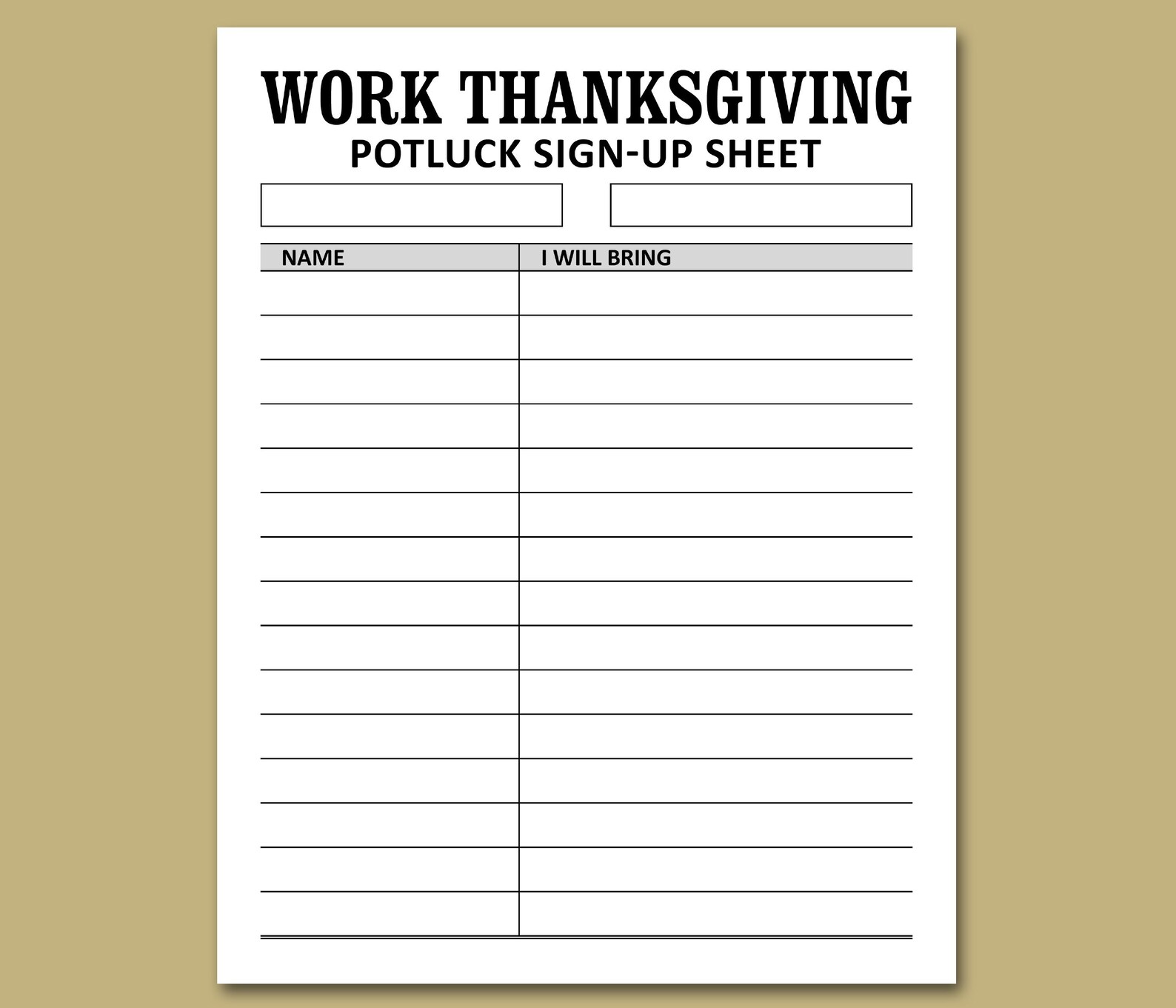 Work Thanksgiving Potluck Sign up Sheet PRINTABLE Template, Office ...