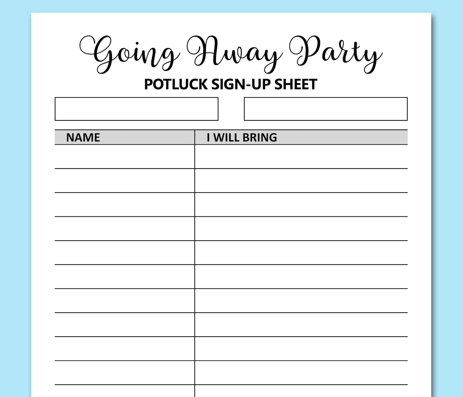 Going Away Party Potluck Sign up Sheet Printable, Signup Form Farewell ...