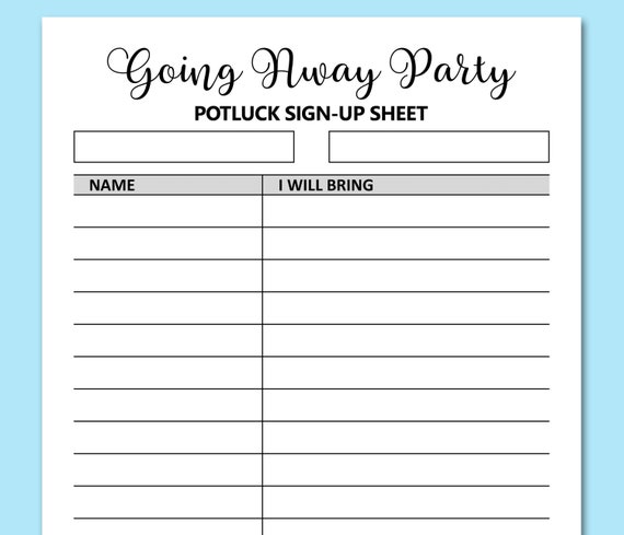 Going Away Party Potluck Sign up Sheet Printable Signup Form | Etsy