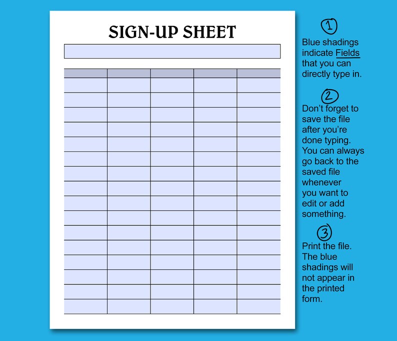SIGN UP Sheet Printable Fillable PDF Blank Signup Volunteers - Etsy