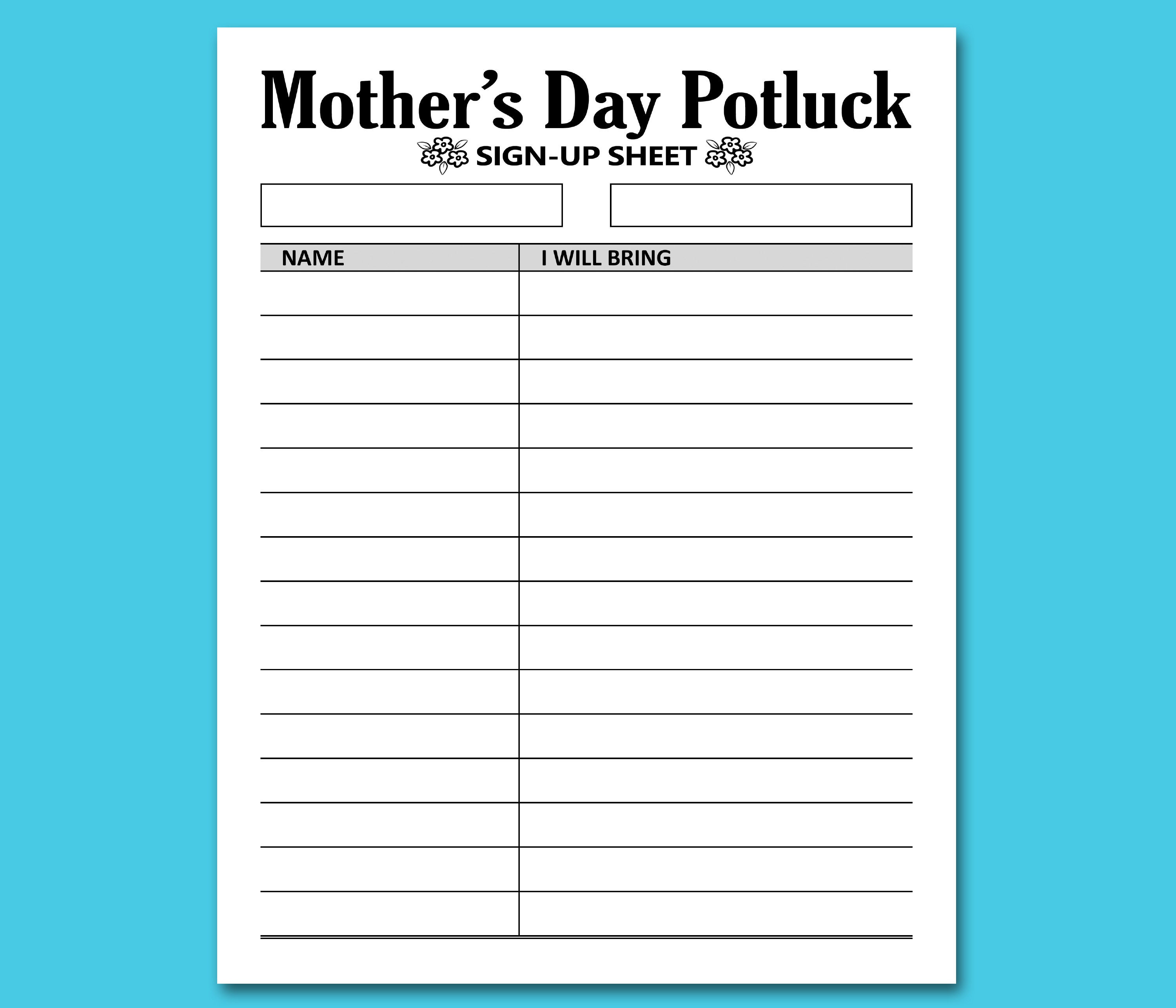 Mother's Day Potluck Sign up Form PRINTABLE, Party Signup Sheet Potluck ...
