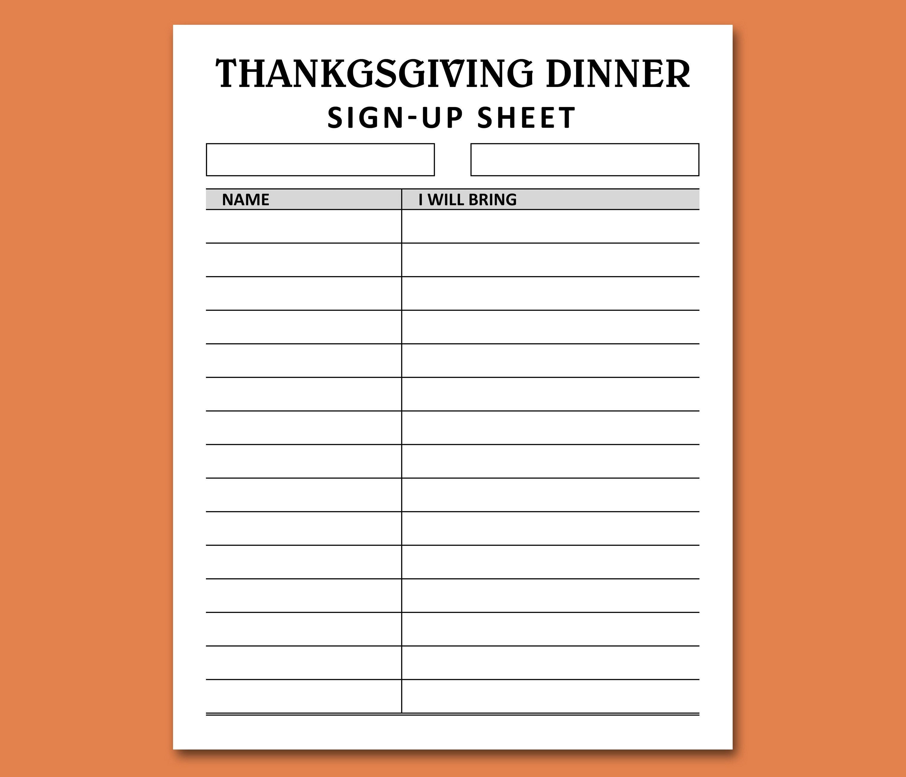 Thanksgiving Dinner Sign up Sheet Printable, Holiday Potluck Brunch ...