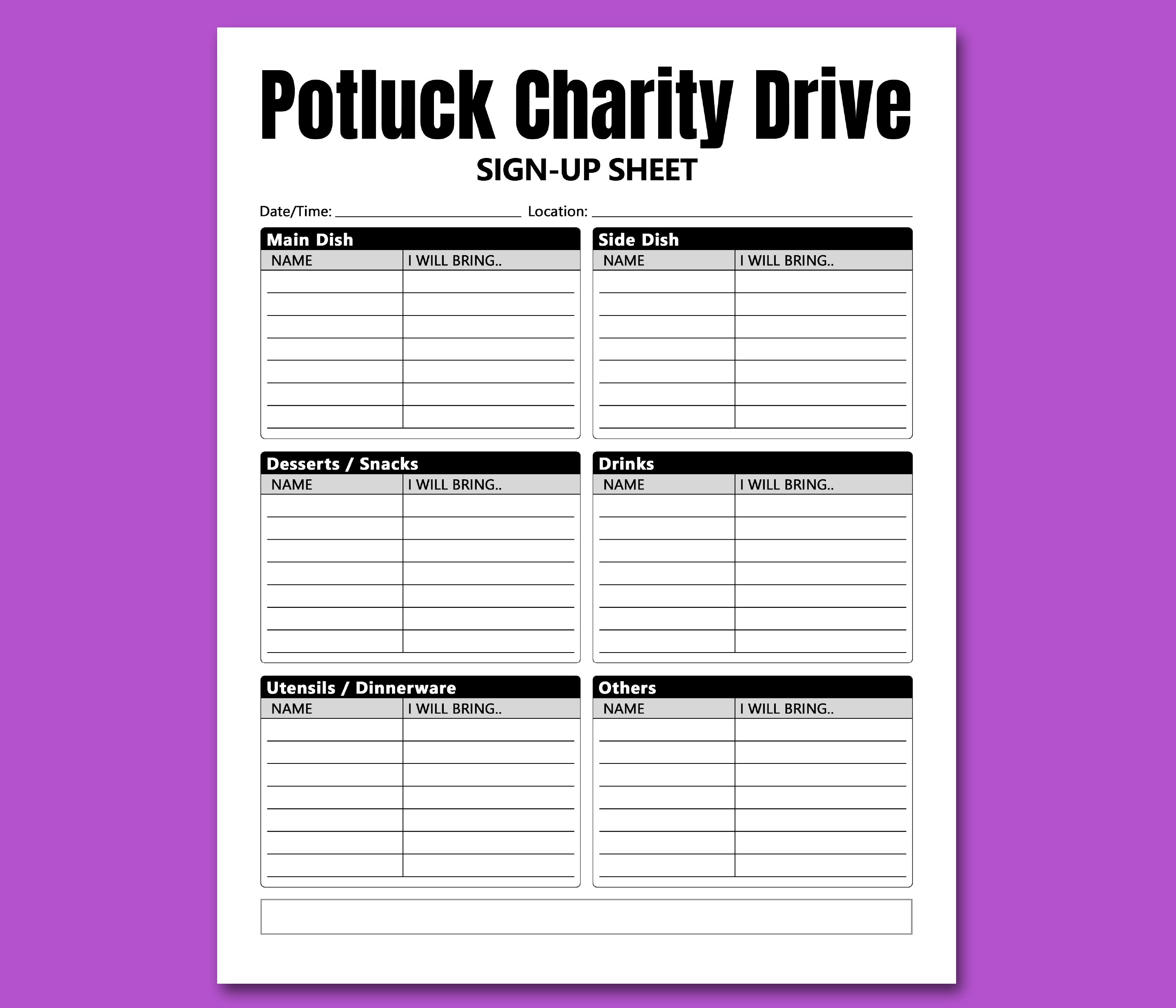 Potluck Charity Drive Sign up Sheet Printable Signup Form - Etsy