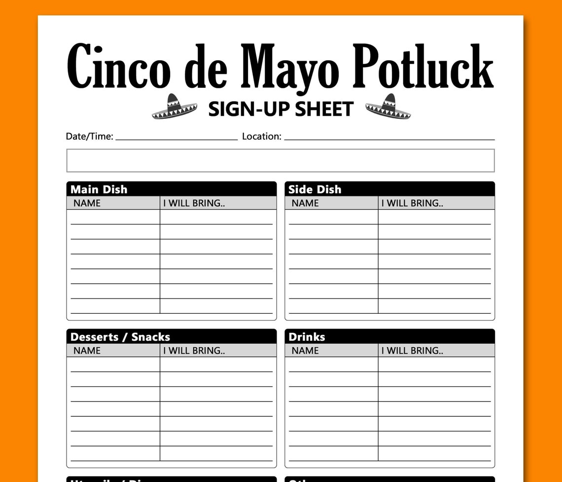 Cinco De Mayo Potluck Sign up Form PRINTABLE, Party Signup Sheet ...