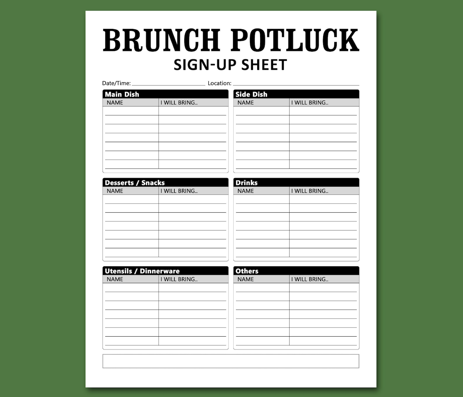 Brunch Potluck Sign up Sheet Printable Template, Morning Noon ...