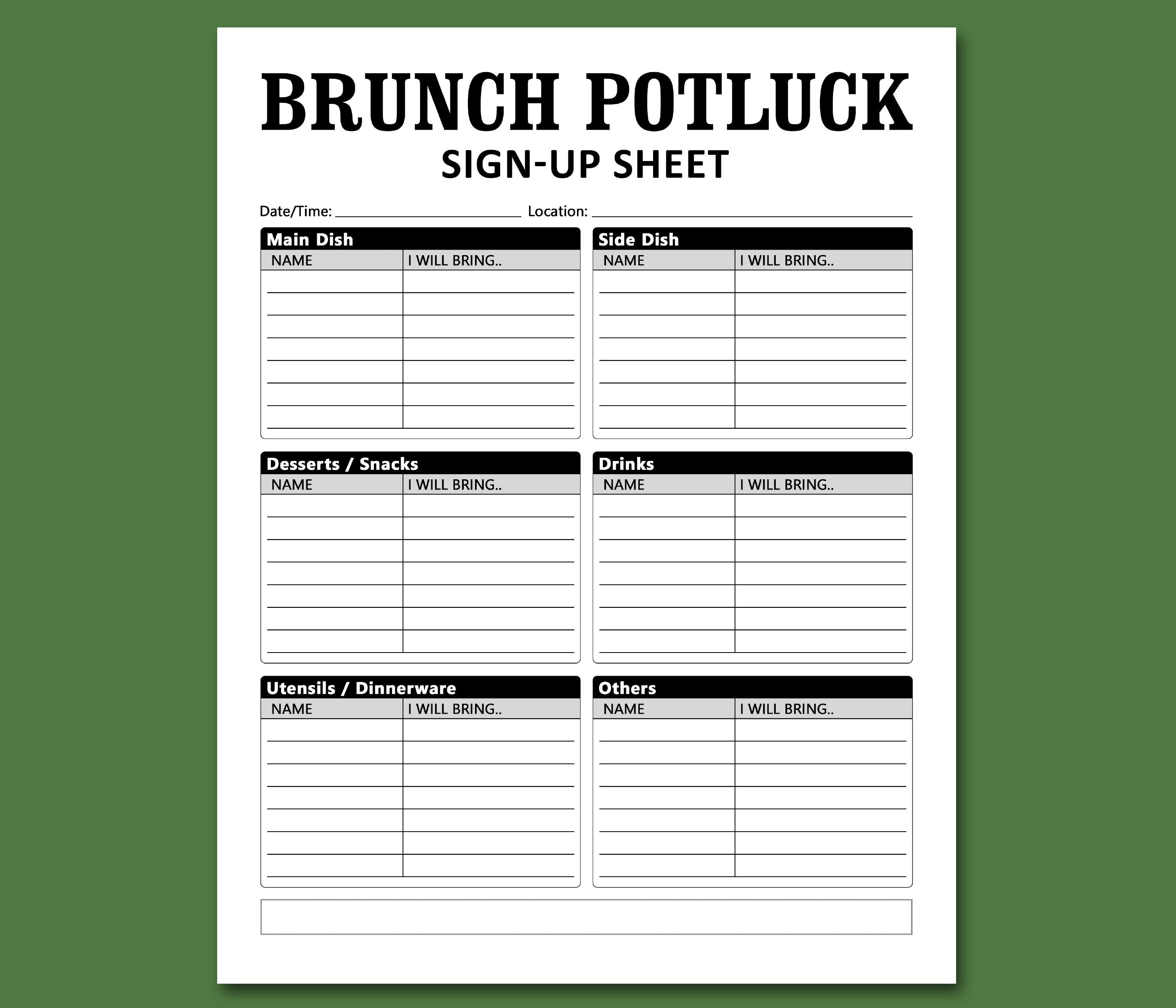 Brunch Potluck Sign up Sheet Printable Template, Morning Noon ...