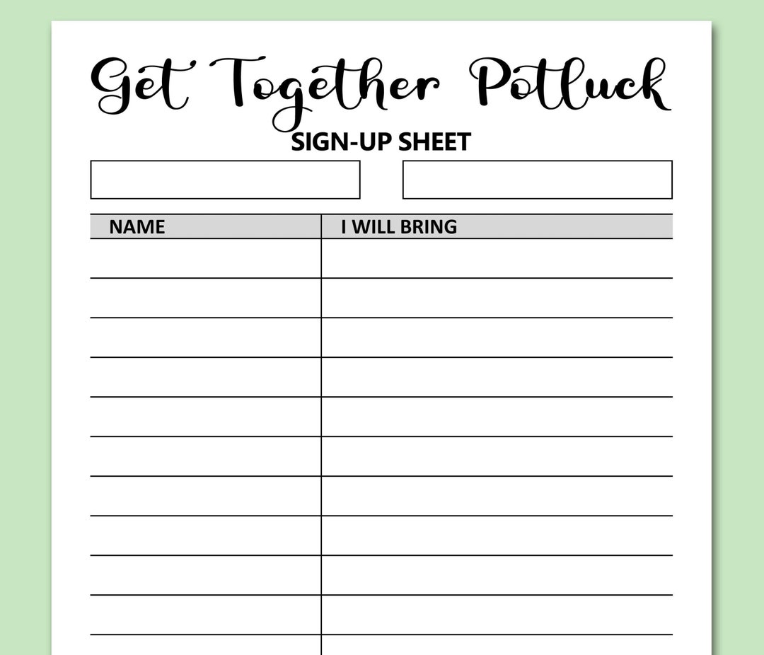 Get Together Potluck Sign up Sheet Printable, Signup Form Potluck ...