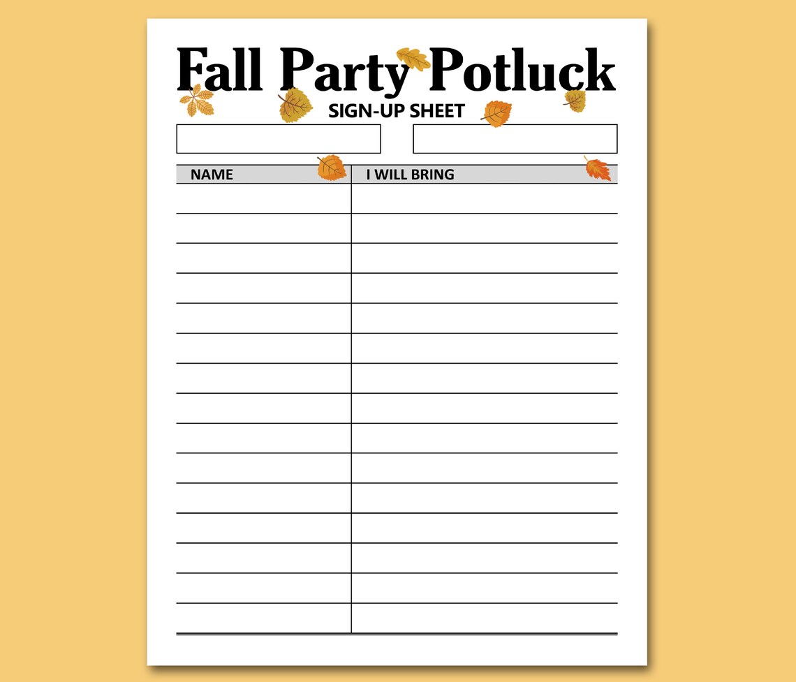 Fall Potluck Sign up Sheet Printable Signup Form Fall Party - Etsy