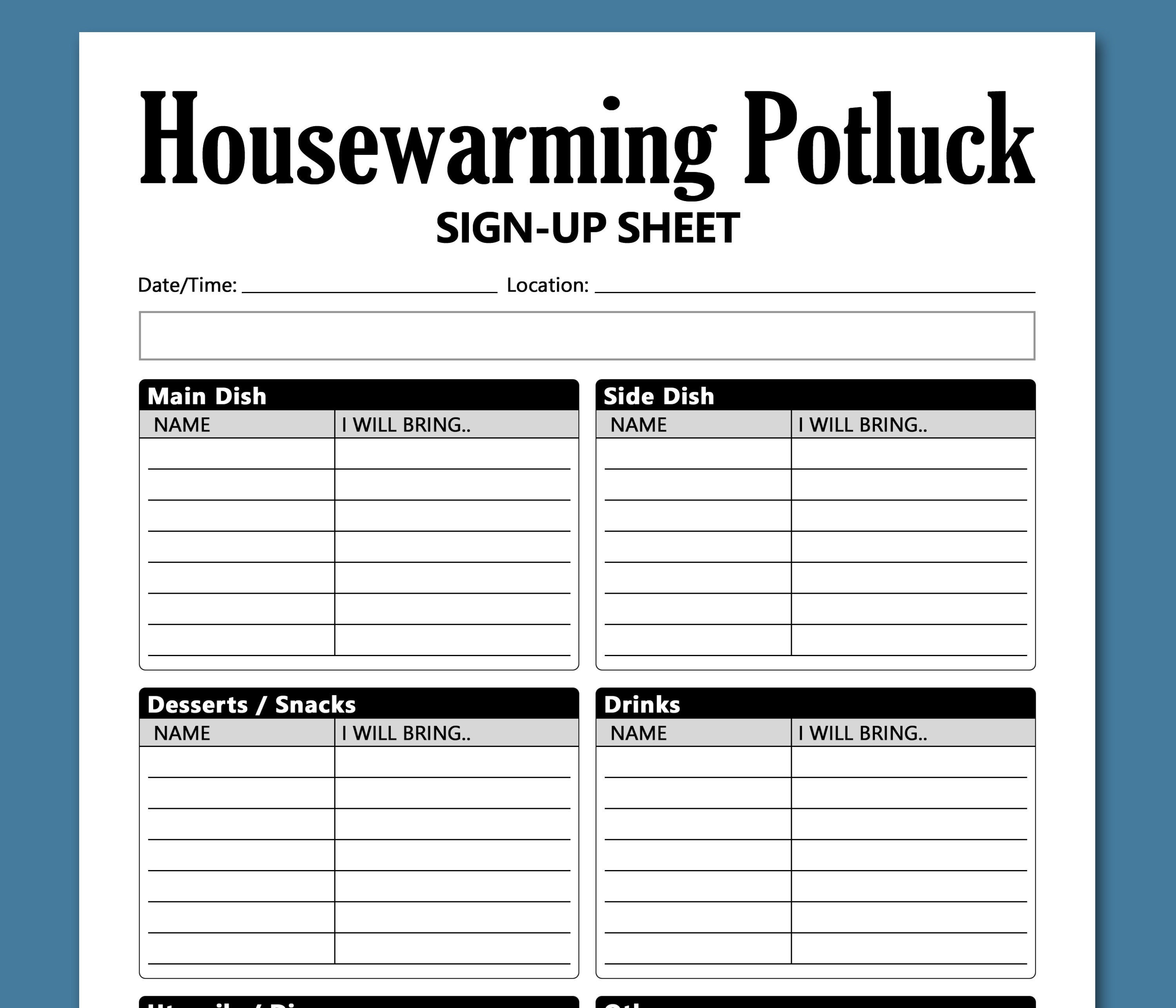 Housewarming Potluck Sign Up Sheet Printable Post Moving Party Signup Form Lunch Dinner