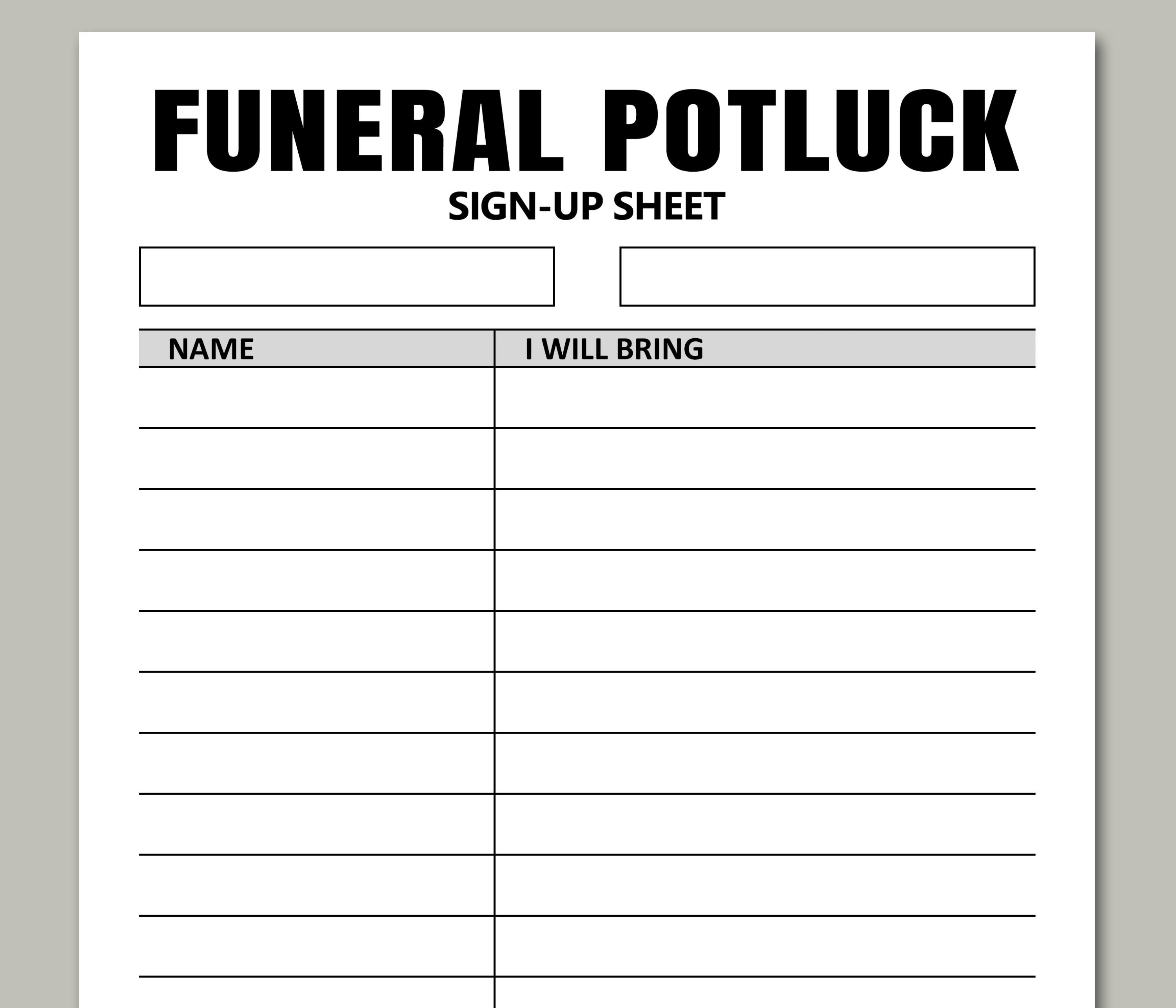 Funeral Potluck Sign up Sheet Printable, Signup Form for Potluck Dinner ...