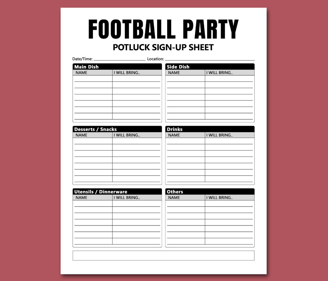 Football Party Potluck Sign up Sheet Printable Potluck Dinner | Etsy