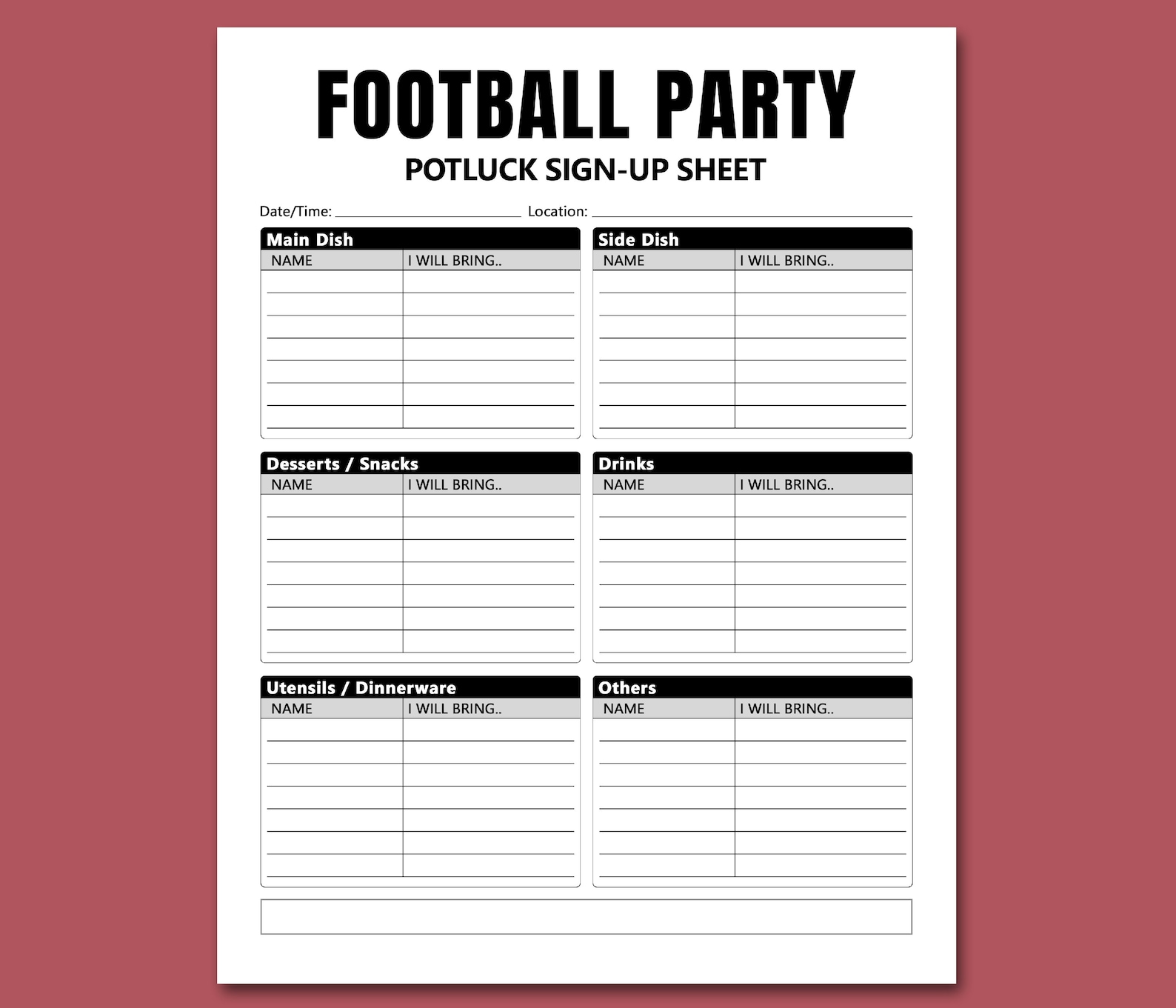 Football Party Potluck Sign up Sheet Printable Potluck Dinner | Etsy