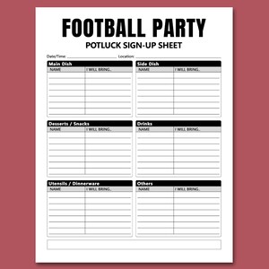 Football Party Potluck Sign up Sheet Printable Potluck Dinner - Etsy