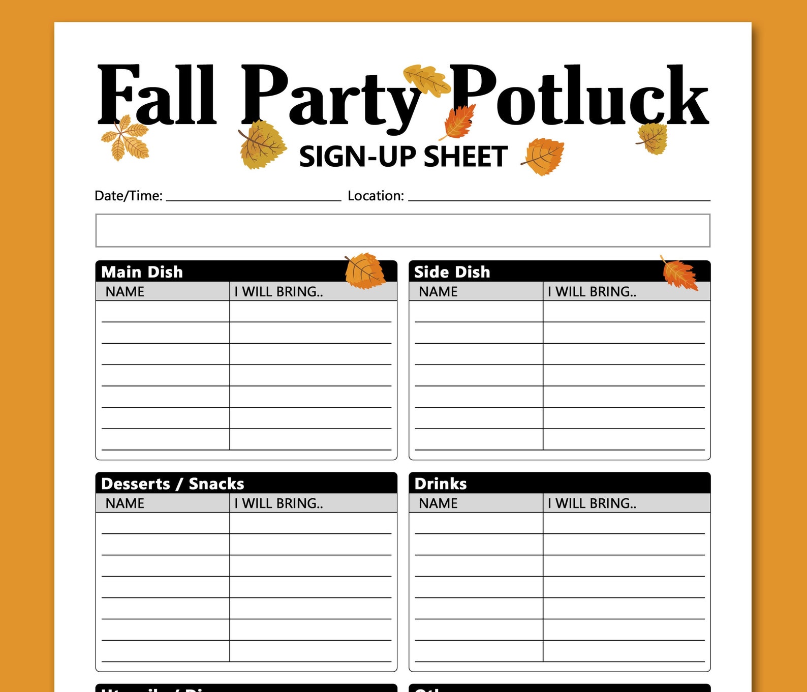 Fall Party Potluck Sign up Sheet Printable, Signup Form, Fall Potluck ...
