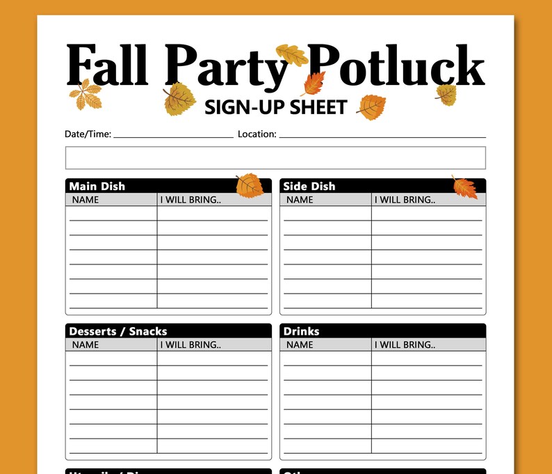 Fall Party Potluck Sign up Sheet Printable, Signup Form, Fall Potluck ...