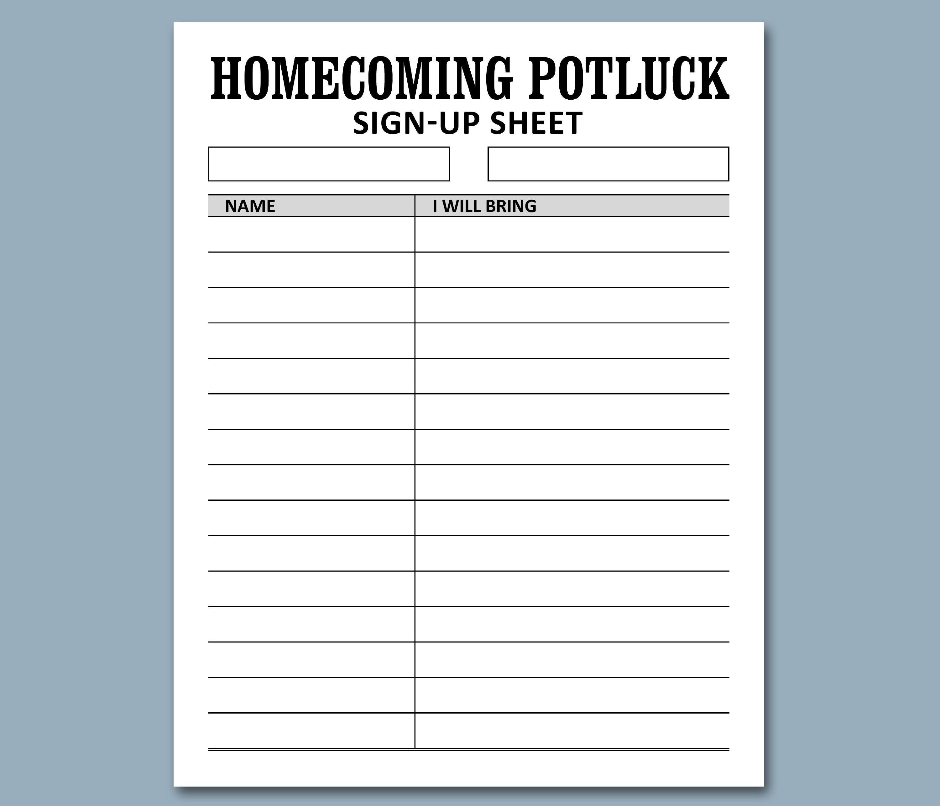 Homecoming Potluck Sign up Sheet Printable Template, Celebration ...