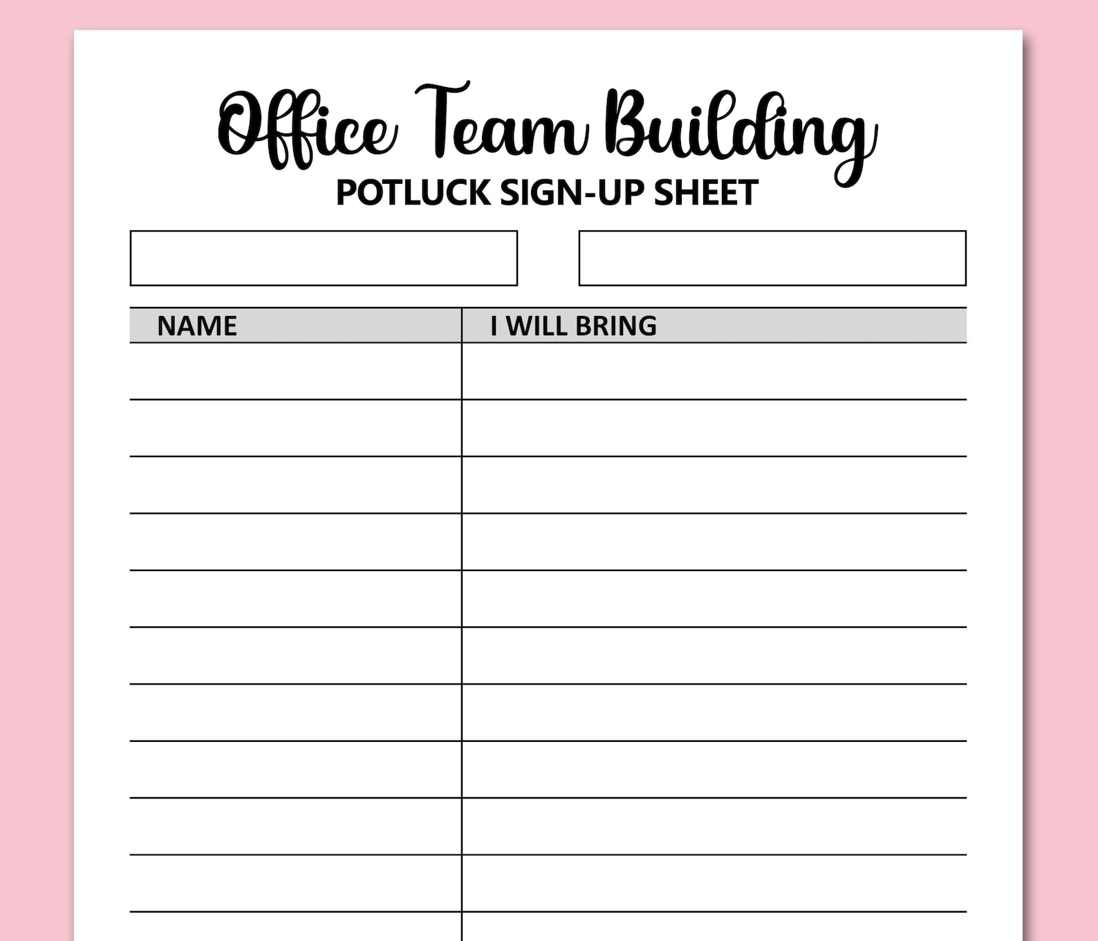 Office Team Building Potluck Sign up Sheet Printable, Signup Form ...