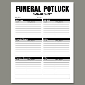 Funeral Potluck Sign up Sheet Printable Signup Form for - Etsy