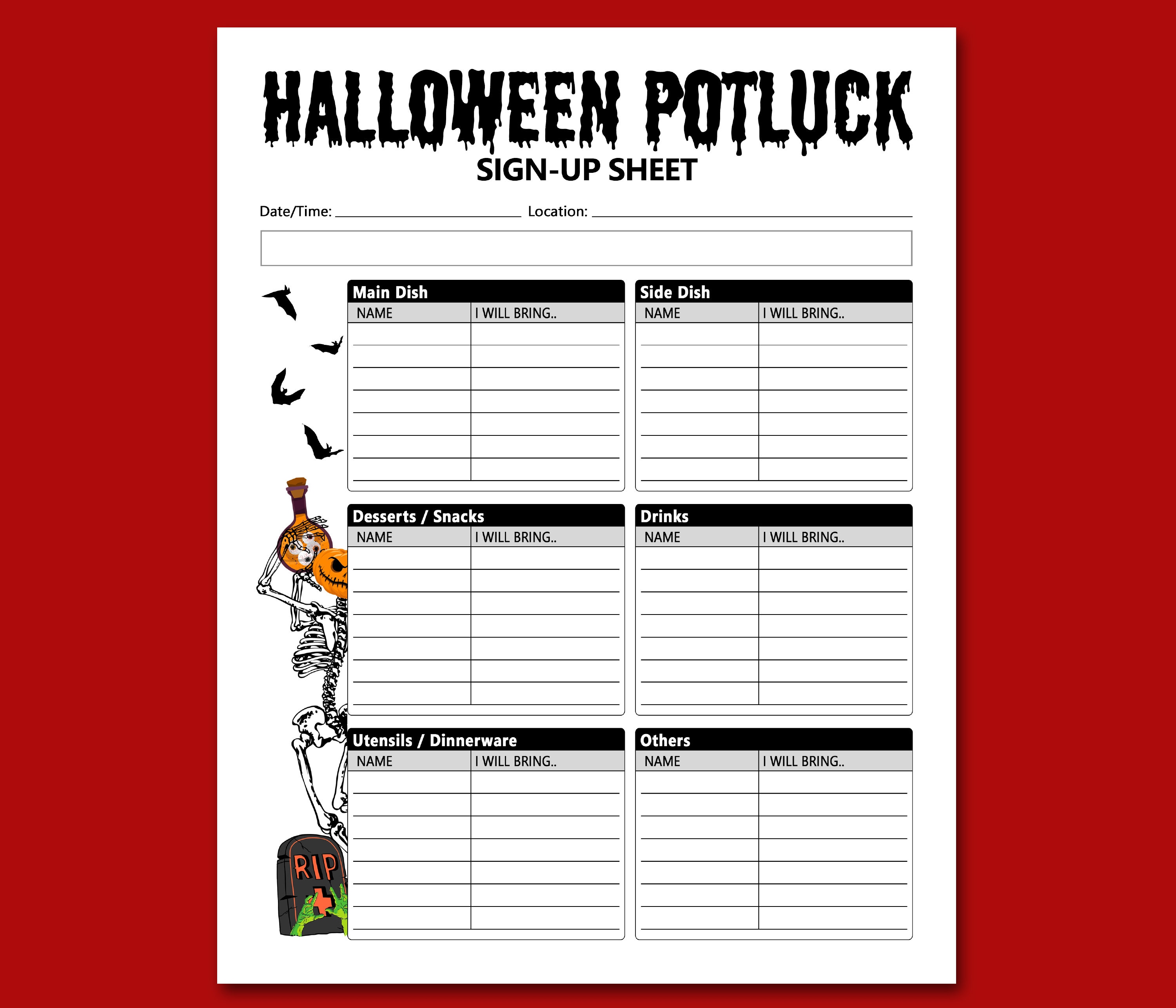 Halloween Potluck Sign up Sheet Printable Letter 01 - Etsy