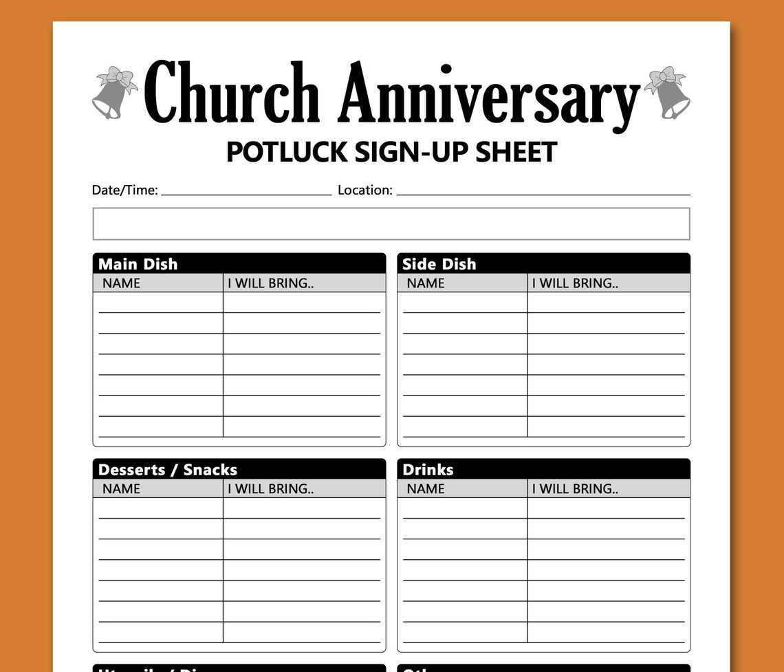 Church Anniversary Potluck Sign up Form PRINTABLE, Signup Sheet Potluck ...