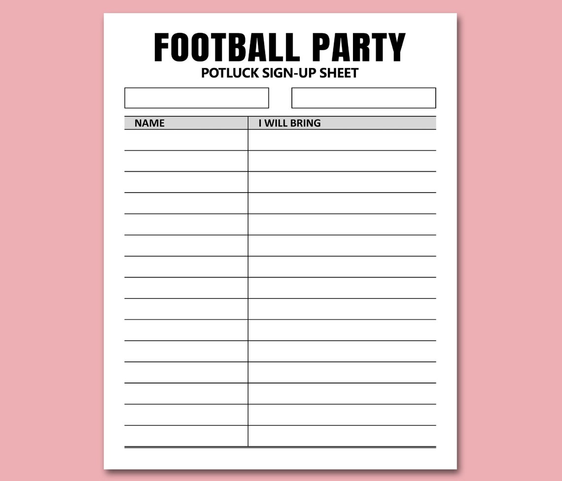 Football Party Potluck Sign up Sheet Printable, Signup Form for Potluck ...