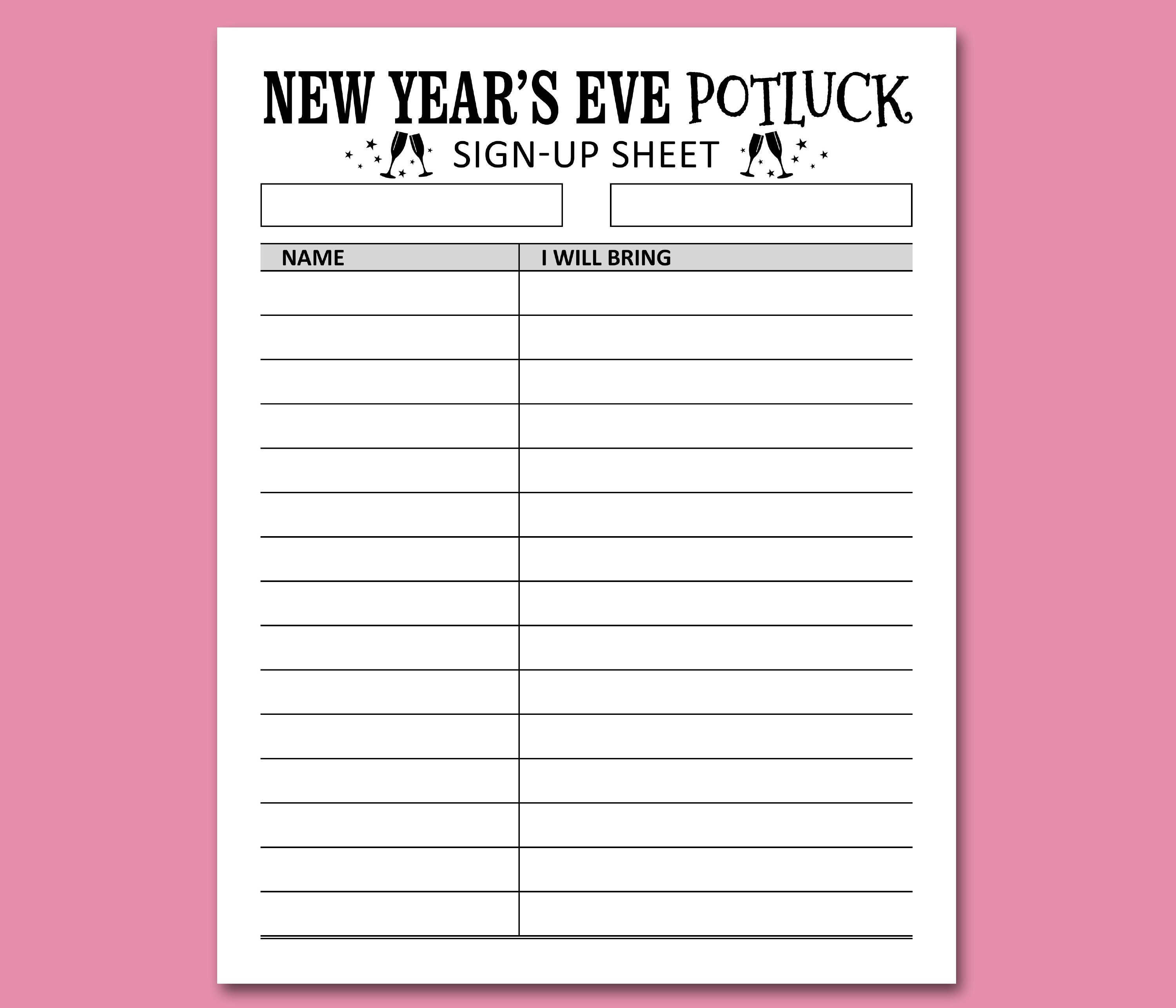 Potluck Sign up Sheet Printable Template, New Year's Eve Dinner Party ...