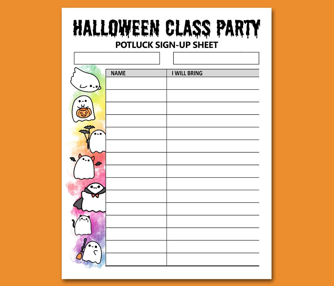 Halloween Class Party Potluck Sign up Sheet Printable, Halloween School ...