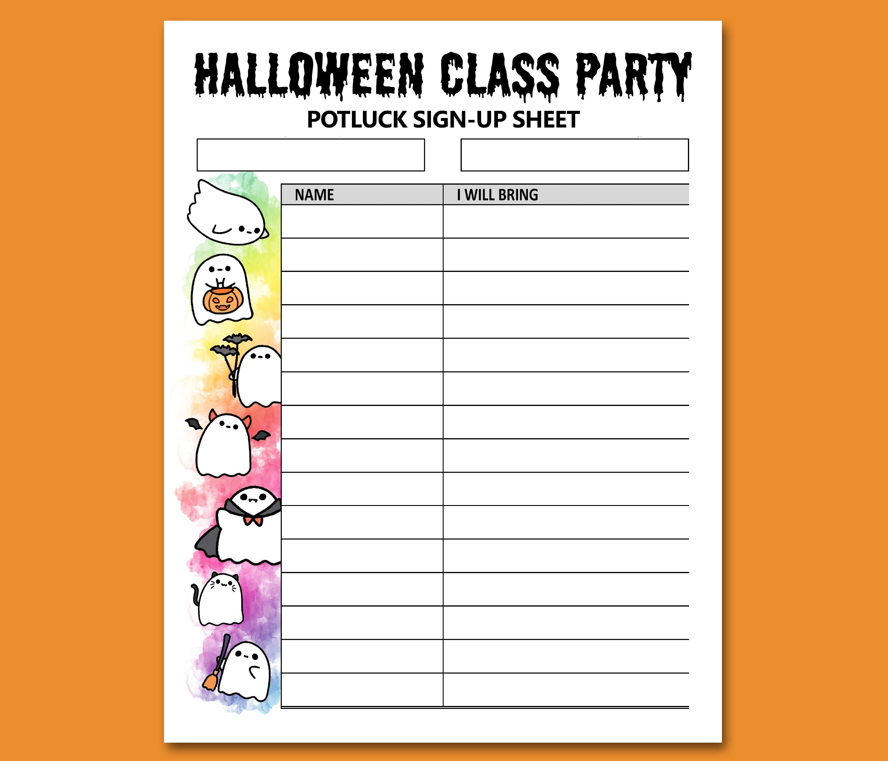 Halloween Class Party Potluck Sign up Sheet Printable, Halloween School ...