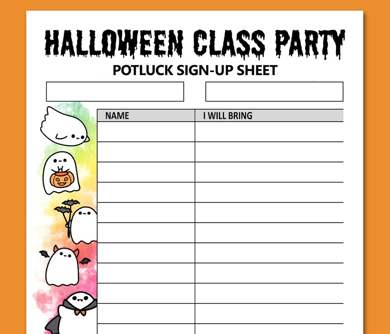 Halloween Class Party Potluck Sign up Sheet Printable, Halloween School ...