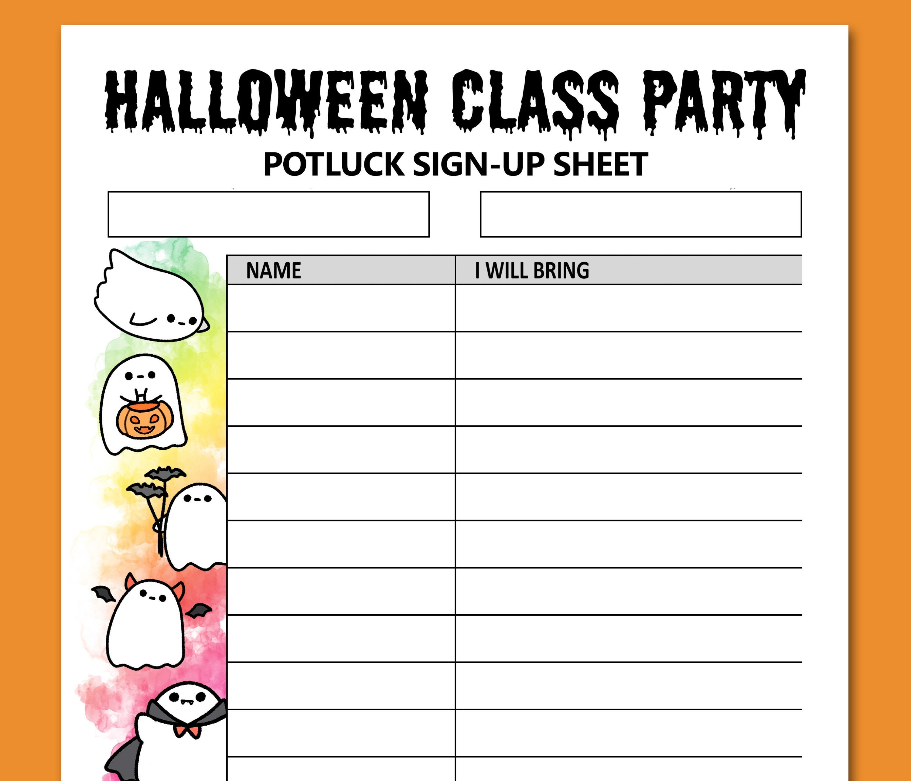 Halloween Class Party Potluck Sign up Sheet Printable, Halloween School ...
