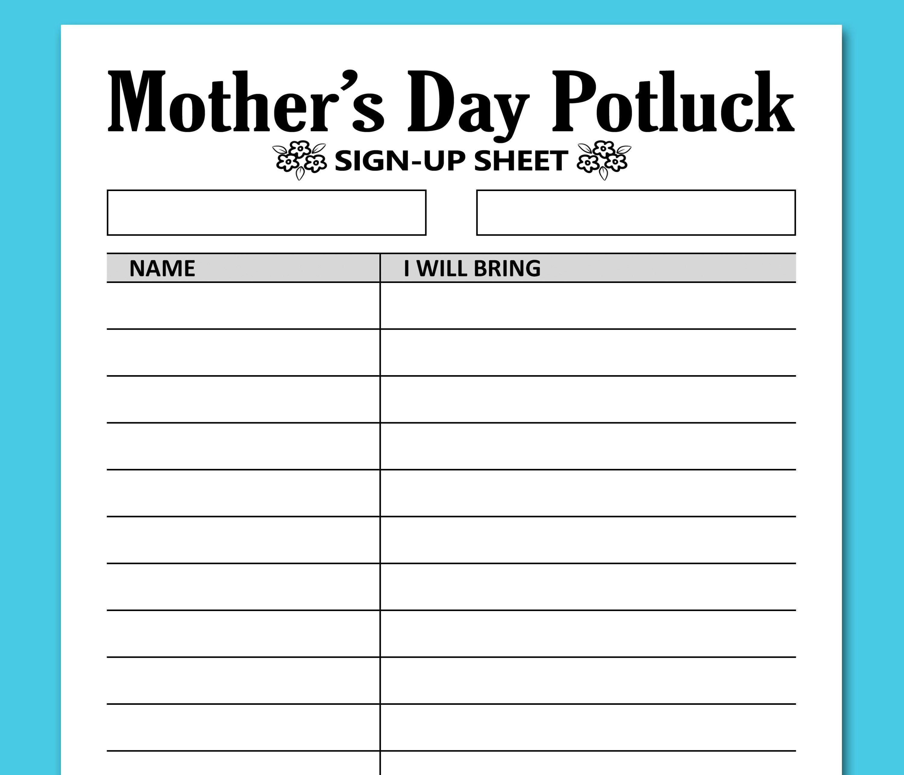 Mother's Day Potluck Sign up Form PRINTABLE, Party Signup Sheet Potluck ...