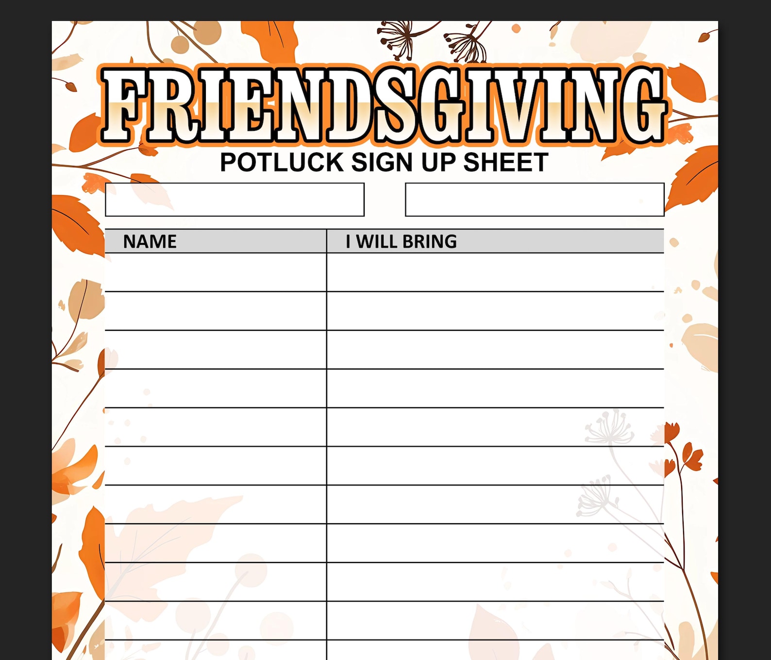 Friendsgiving Potluck Sign up Sheet Printable, Friends Thanksgiving ...