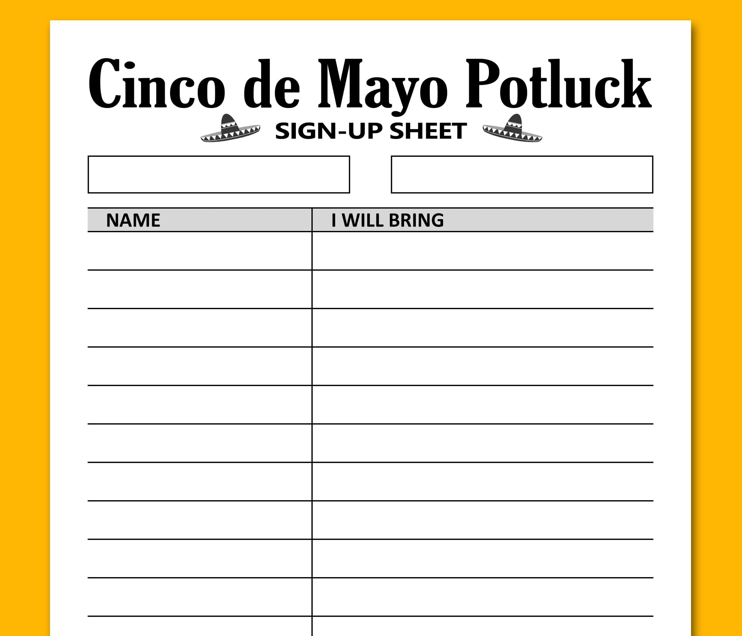 Cinco De Mayo Potluck Sign up Sheet PRINTABLE, Party Signup Form ...