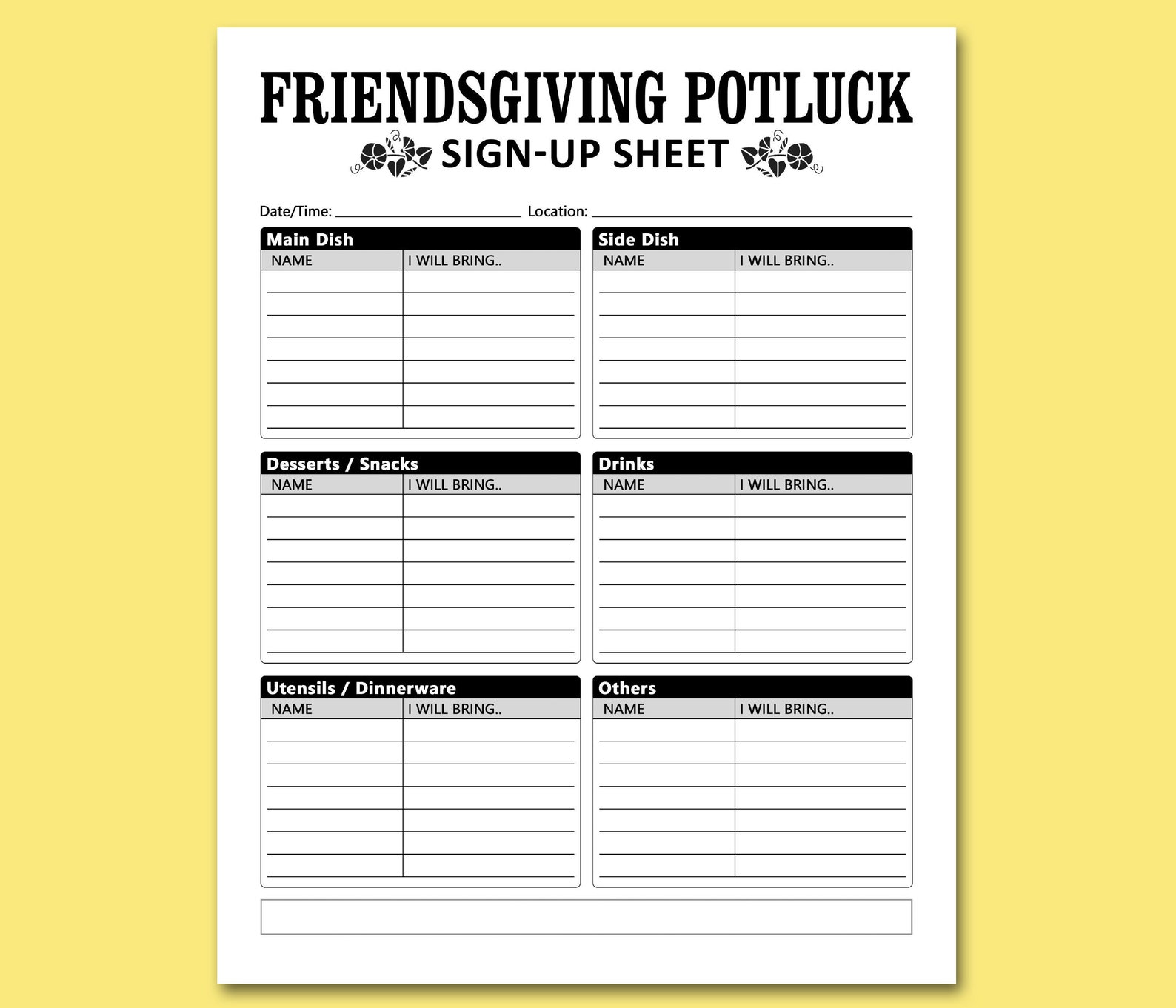 Thanksgiving Potluck Sign up Sheet Printable Template, Friendsgiving ...