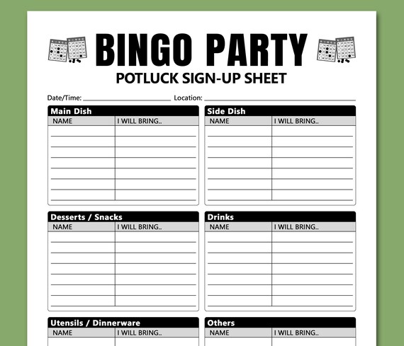 Bingo Party Potluck Sign up Sheet Printable Signup Form for | Etsy