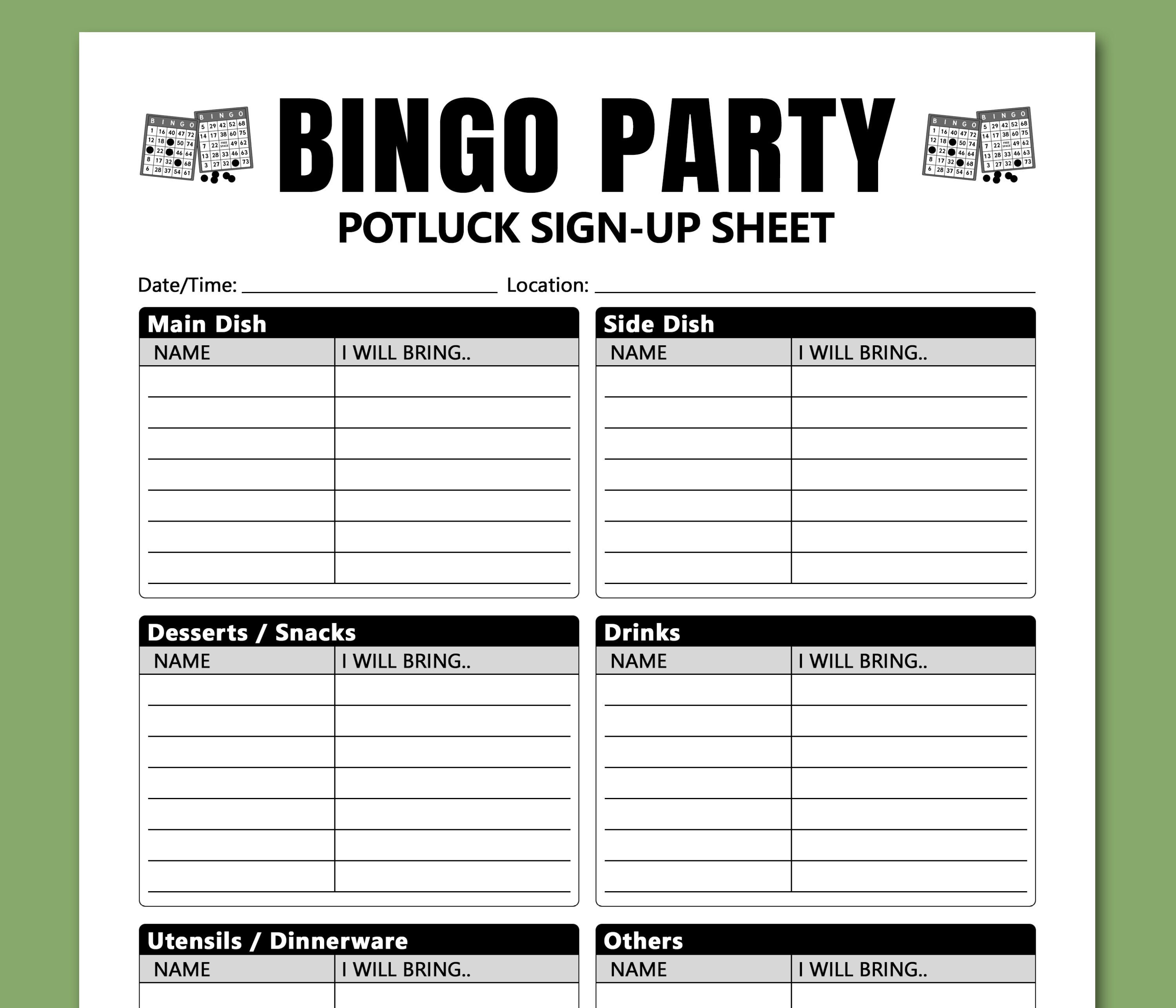 Bingo Party Potluck Sign up Sheet Printable, Signup Form for Potluck ...