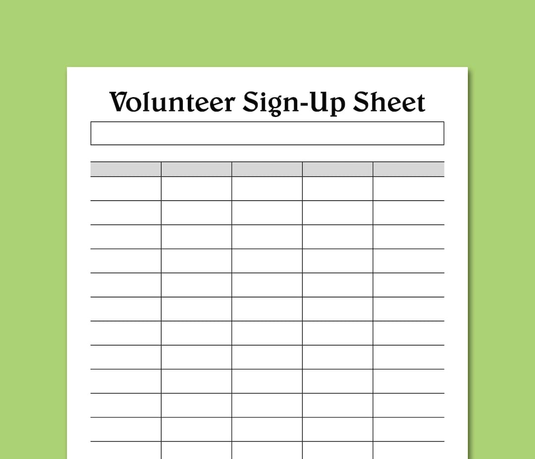 VOLUNTEER Sign up Sheet Printable PDF Letter Size, Blank Signup Sheet ...
