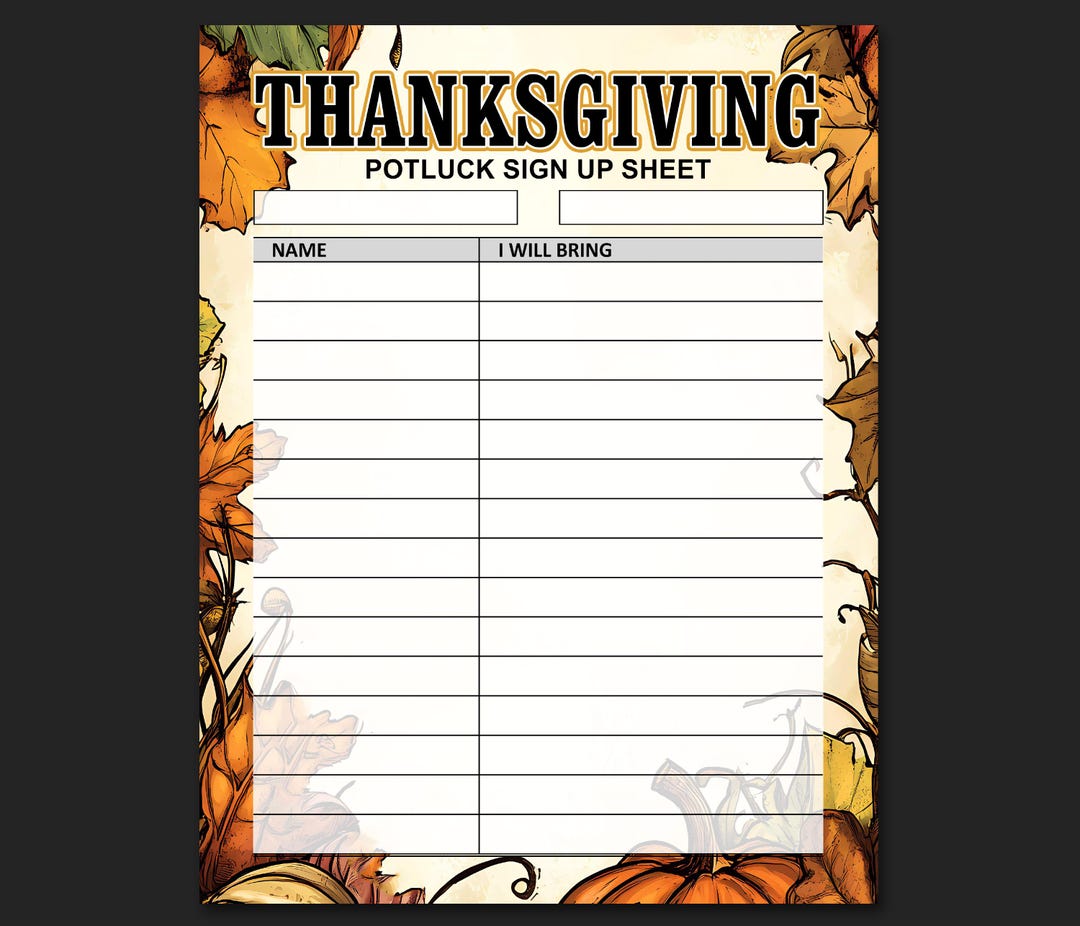 Thanksgiving Potluck Sign up Sheet Printable Form, Office Thanksgiving ...