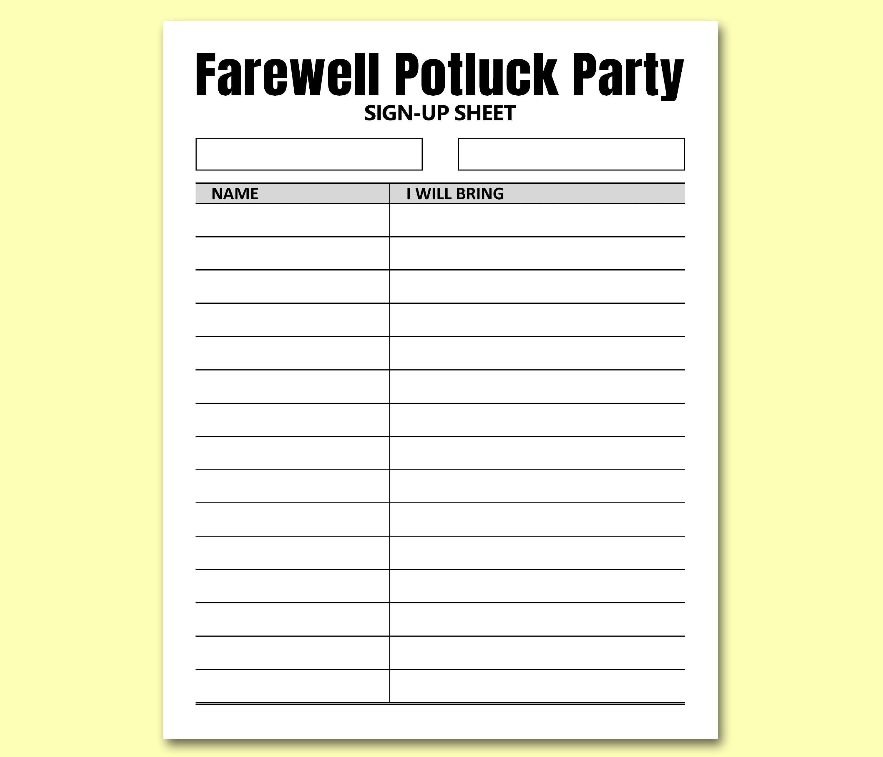 Farewell Potluck Party Sign up Sheet PRINTABLE Signup Form - Etsy Canada