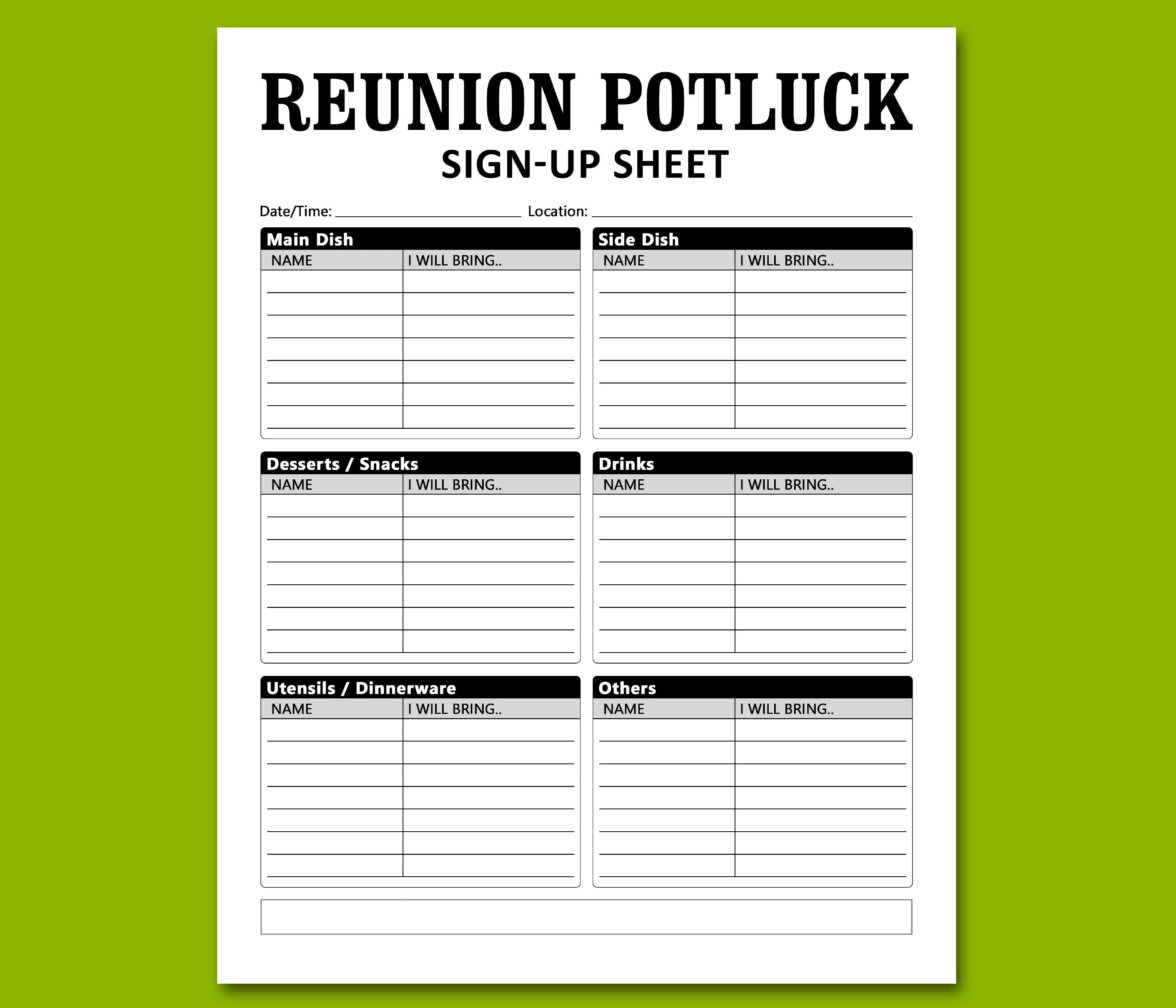 Reunion Potluck Sign up Sheet Printable Template, Celebration Gathering ...