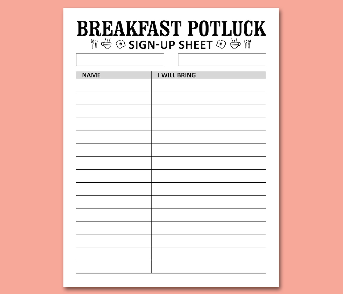 Breakfast Potluck Sign up Sheet Printable Template Morning - Etsy