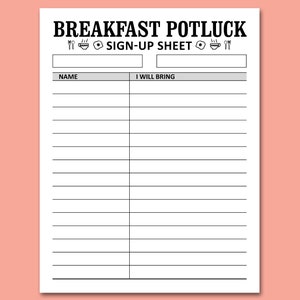 Breakfast Potluck Sign up Sheet Printable Template Morning - Etsy