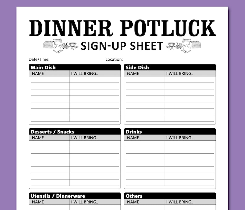 Dinner Potluck Sign up Sheet PRINTABLE Template, Work Gathering Co ...