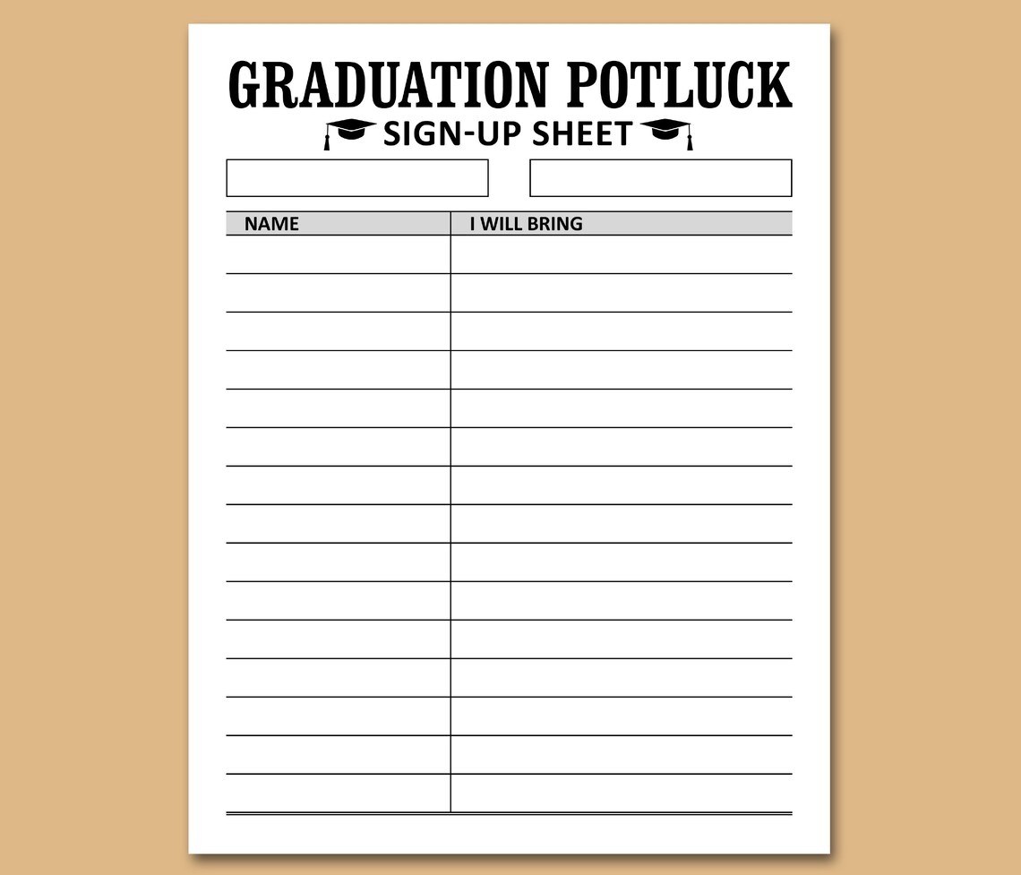 Graduation Potluck Sign up Sheet Printable Template, School College ...
