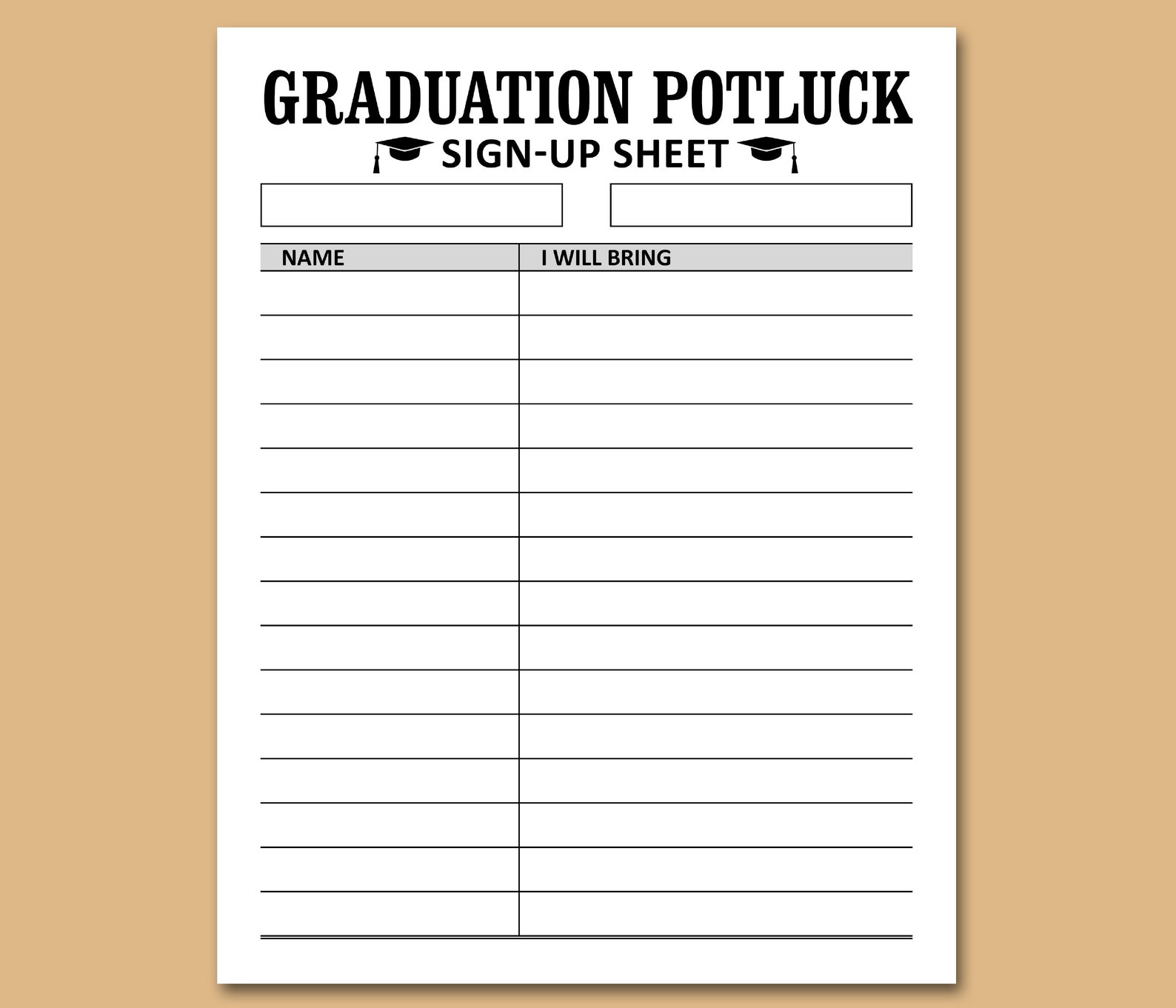 Graduation Potluck Sign up Sheet Printable Template, School College ...