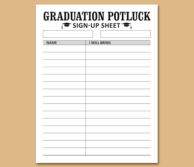 Graduation Potluck Sign up Sheet Printable Template, School College ...
