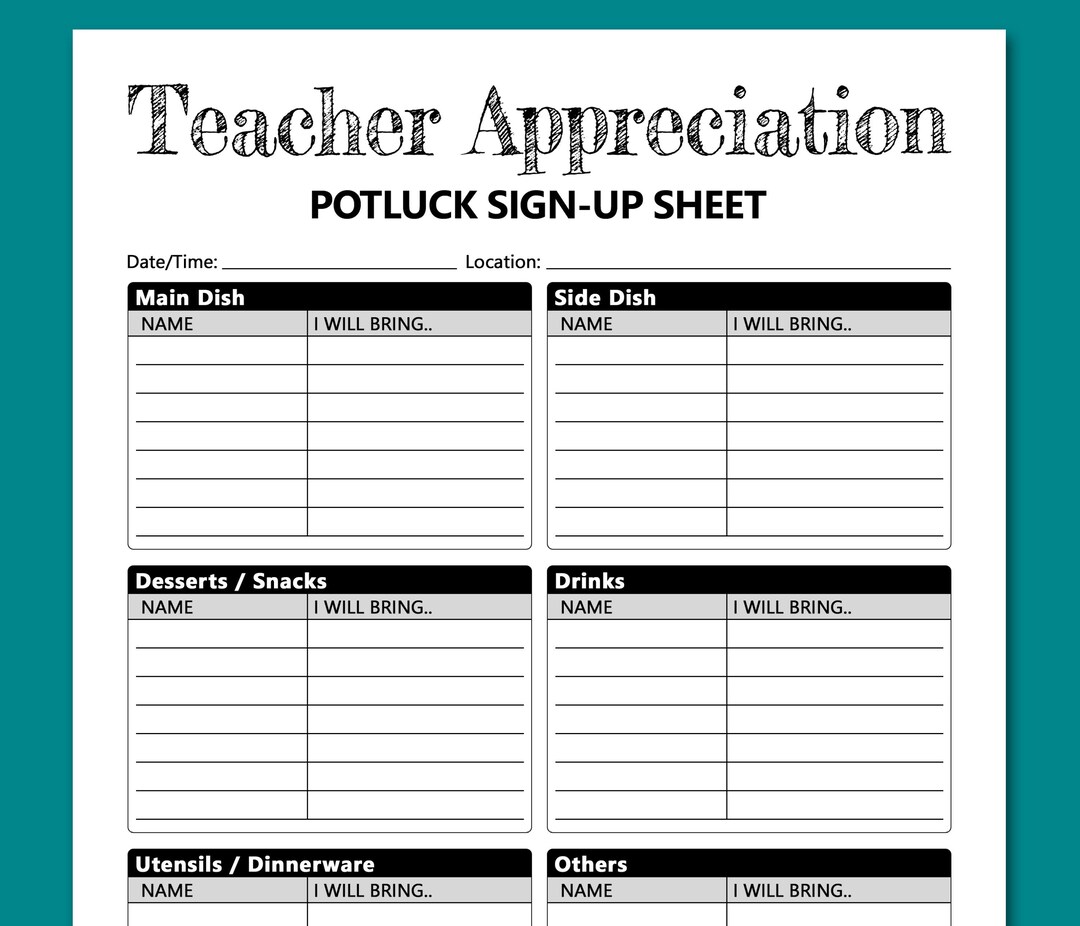 Teacher Appreciation Potluck Sign up Sheet Printable, Signup Form ...